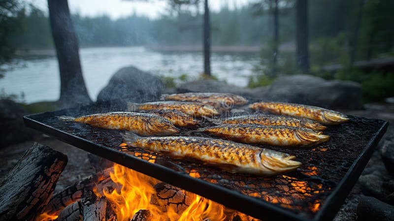 Grilled Fish Cooking Over Campfire Flames by a Lake in a Forest Stock ...