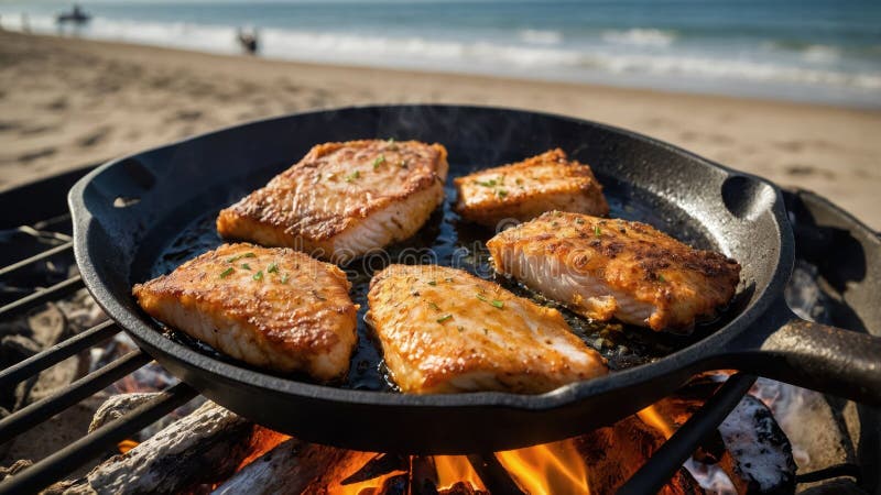 Grilled Fish Cooking in a Skillet Over an Open Fire on the Beach Stock ...