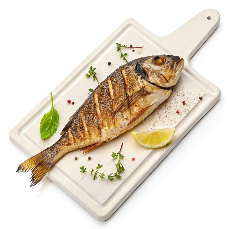 Grilled Fish on Cutting Board Isolated on White Background Stock ...