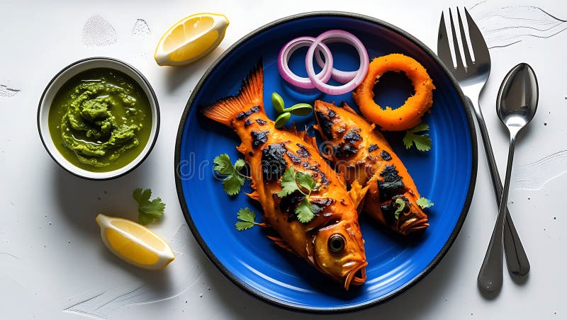 Grilled Fish Dish with Green Sauce and Accompaniments on a Blue Plate ...