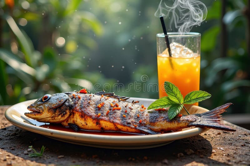 Grilled Fish Dish with Spices and Orange Juice on Rustic Table in ...
