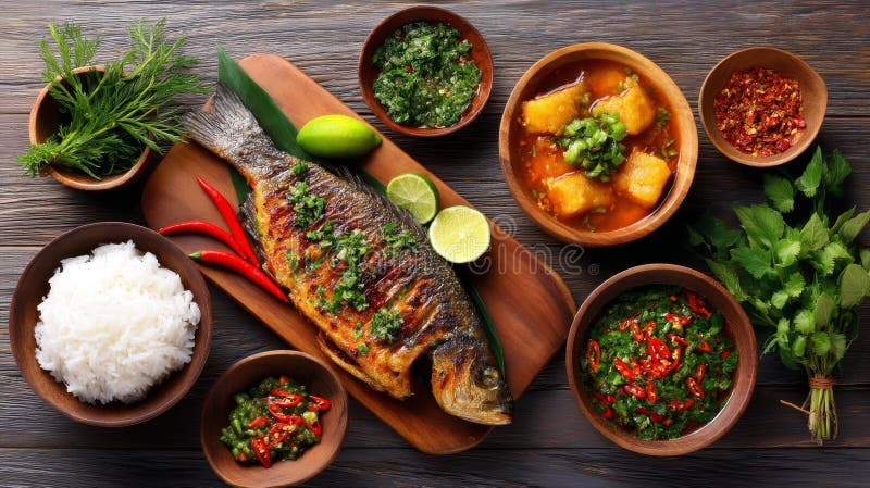 Grilled Fish Feast with Rice, Herbs, and Spices in Rustic Bowls on ...
