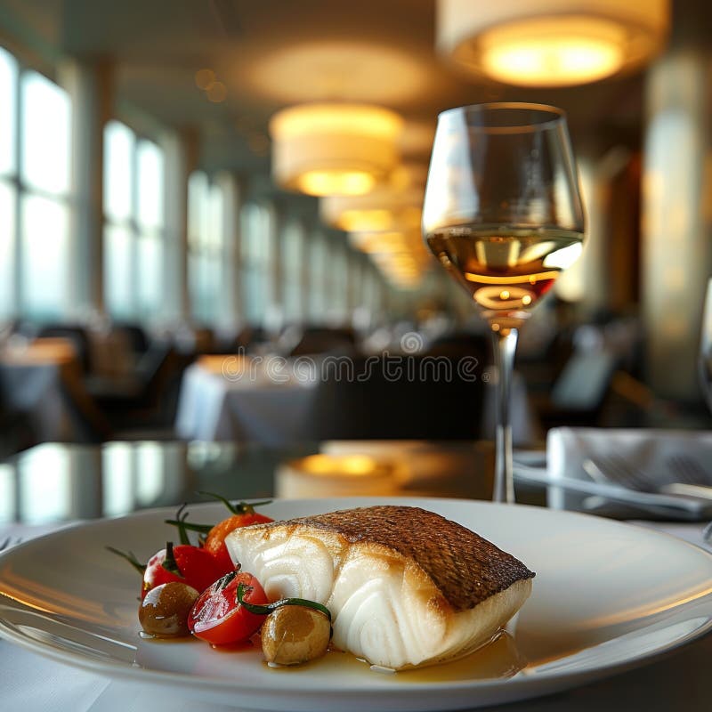 Grilled Fish Fillet Dish with White Wine Pairing Served in Elegant ...