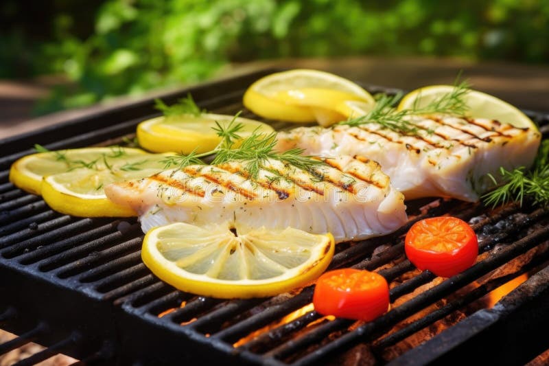 Grilled Fish Fillet with Lemon Slices on a Bbq Stock Image - Image of ...