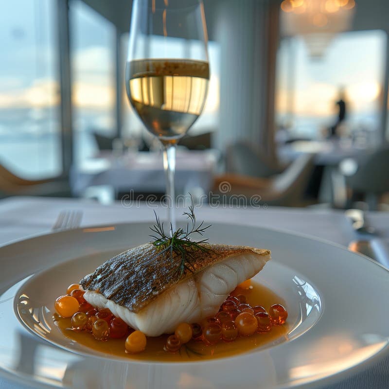 Grilled Fish Fillet on Plate with Glass of White Wine in Elegant ...