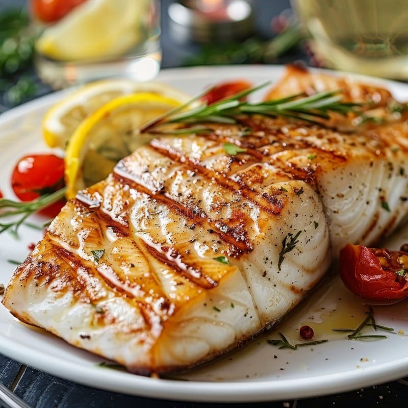Grilled Fish Fillet on Plate with White Wine, Elegantly Served in a ...