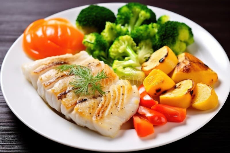 A Grilled Fish Fillet Served beside Mixed Vegetables Stock Photo ...