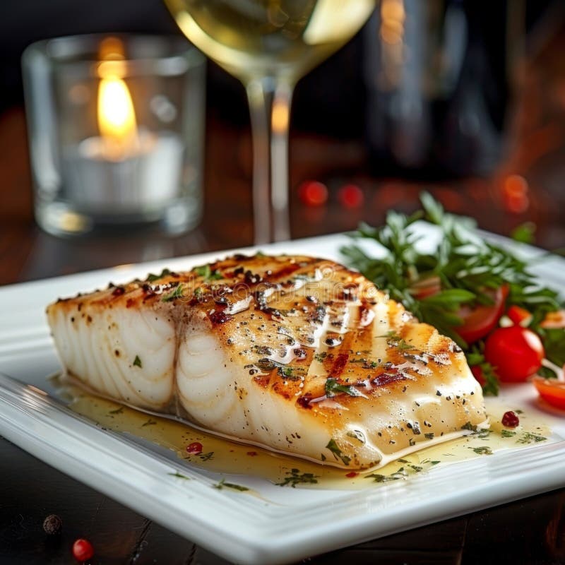 Grilled Fish Fillet Served with White Wine on a Plate in a Restaurant ...