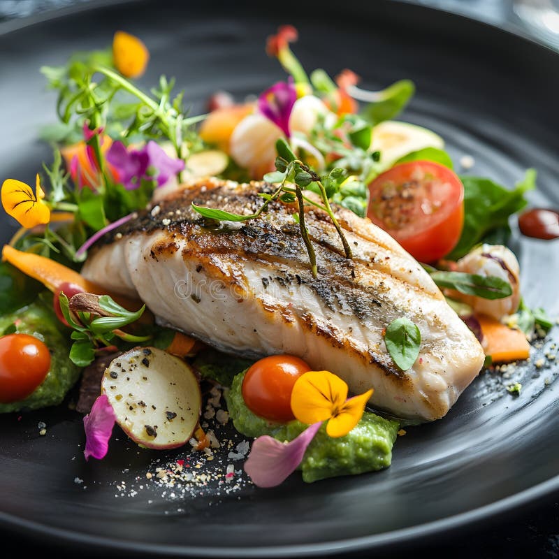 Grilled Fish Fillet with Vegetable Salad on Black Plate, Square ...