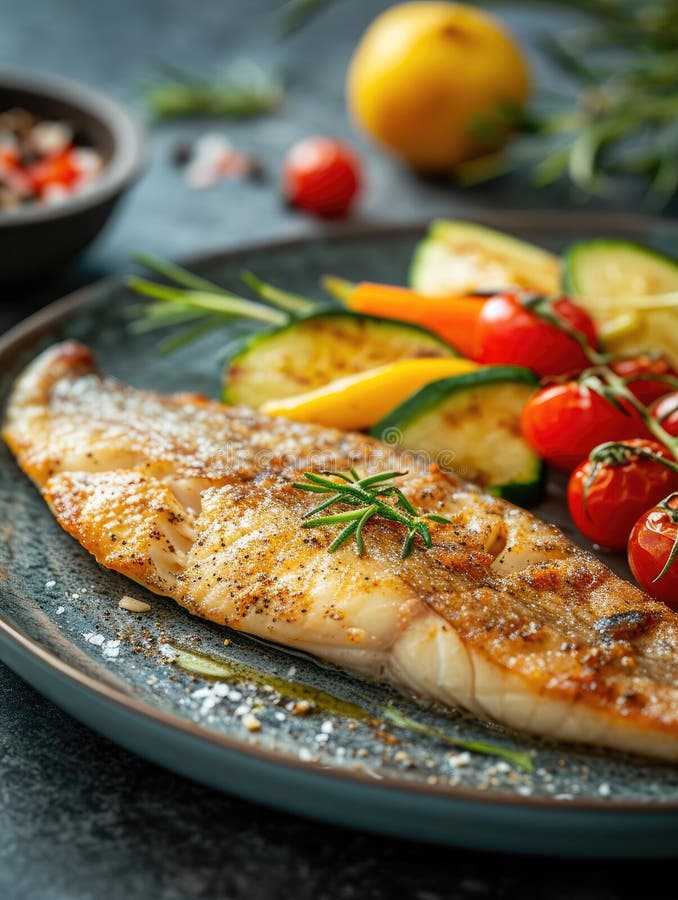 Grilled Fish Fillet with Vegetables on a Plate Stock Illustration ...