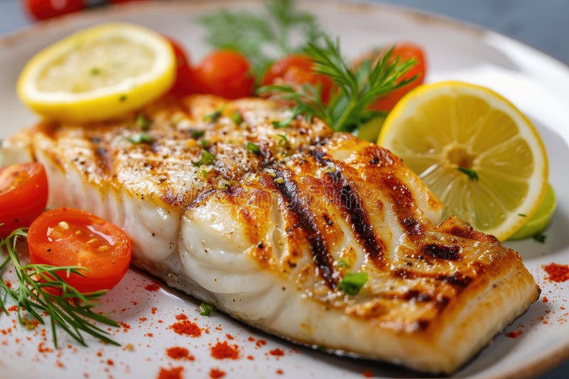 Grilled Fish Fillet with Vegetables on a Plate Stock Illustration ...