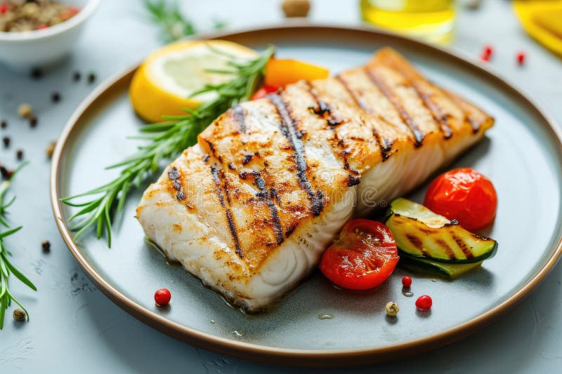 Grilled Fish Fillet with Vegetables on a Plate Stock Illustration ...