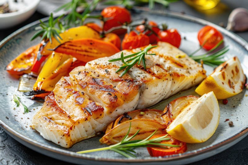 Grilled Fish Fillet with Vegetables on a Plate Stock Illustration ...