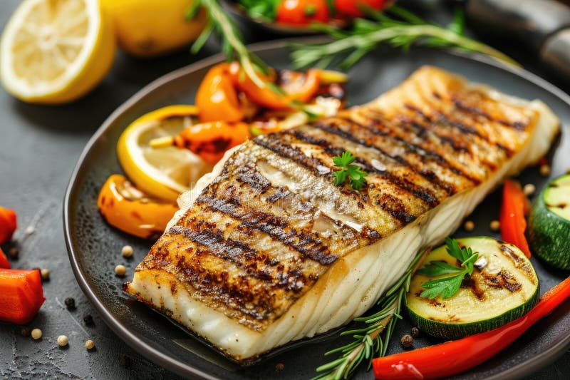 Grilled Fish Fillet with Vegetables on a Plate Stock Illustration ...