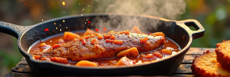 Grilled Fish Fillet with Vegetables and Sauce in Cast Iron Skillet ...