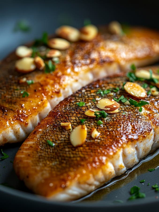 Grilled Fish Fillets Garnished with Almonds and Herbs. Stock Image ...