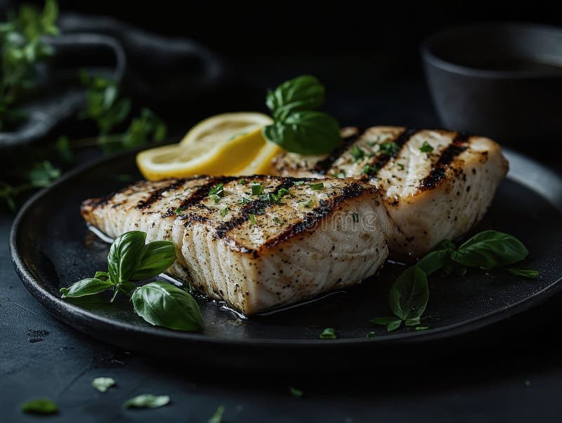 Grilled Fish Fillets Garnished with Herbs and Lemon on a Dark Plate ...