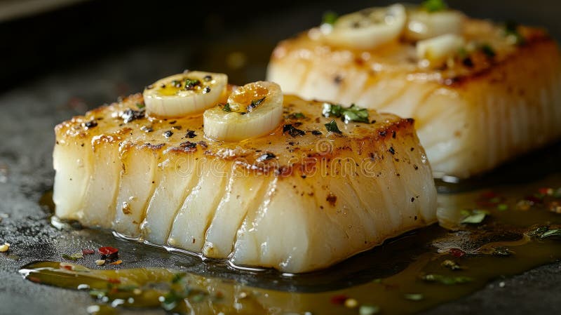 Grilled Fish Fillets Garnished with Herbs and Spices. Stock Photo ...