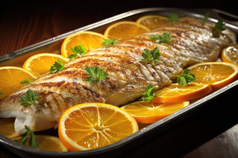 Grilled Fish Fillets Glazed with Citrus on a Silver Platter Stock Image ...