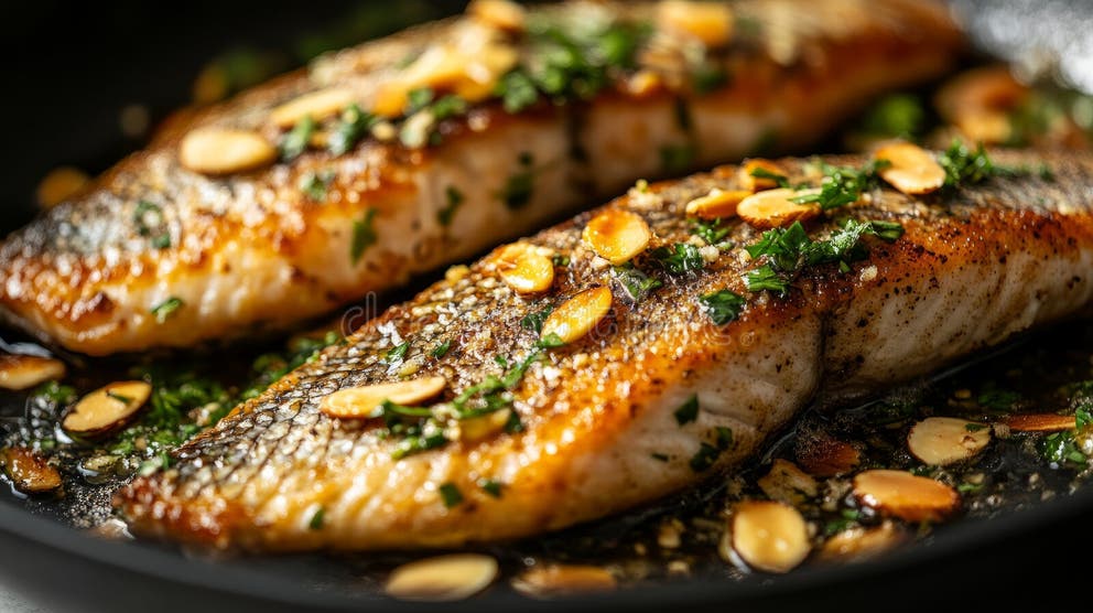 Grilled Fish Fillets with Herbs and Almonds. Stock Photo - Image of ...