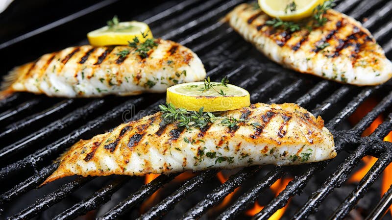 Grilled Fish Fillets with Lemon and Herbs on a Barbecue Grill. (1 Stock ...