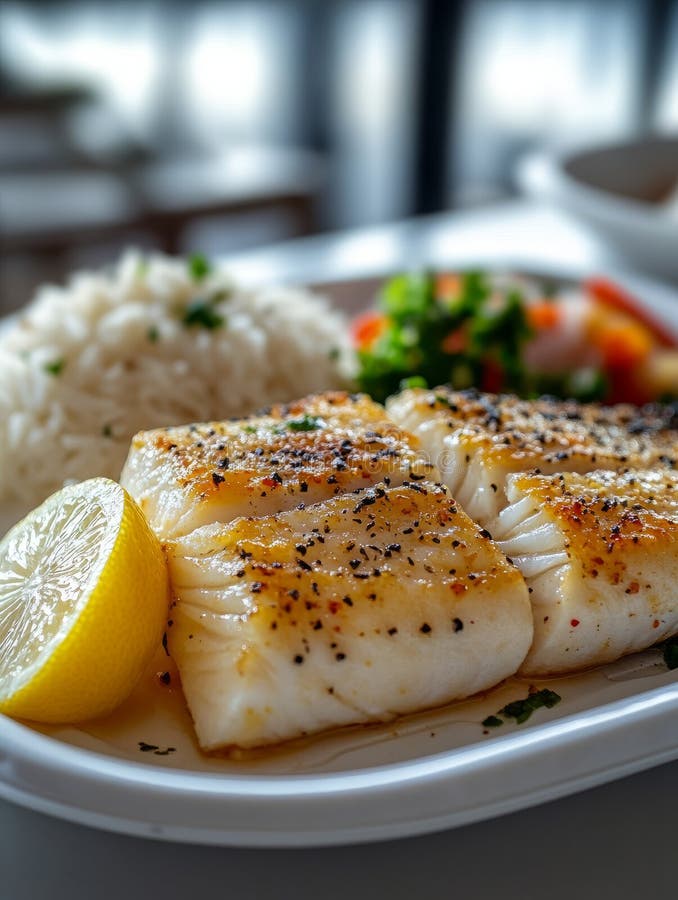Grilled Fish Fillets with Lemon, Rice, and Vegetables on a Plate. Stock ...