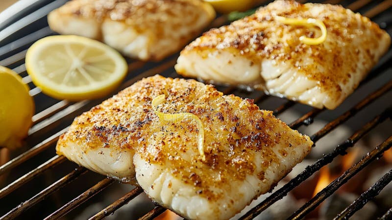 Grilled Fish Fillets with Lemon Slices on a Grill Stock Photo - Image ...