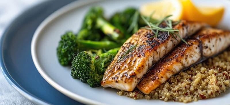 Grilled Fish Fillets Served with Quinoa and Steamed Broccoli Garnished ...