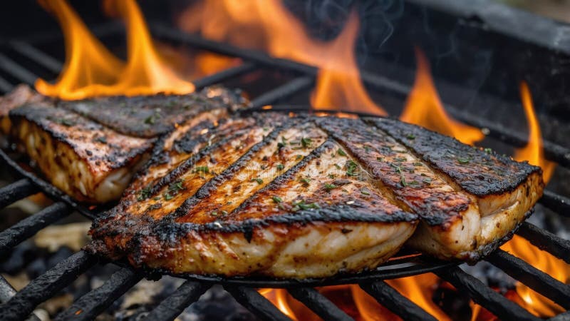 Grilled Fish Fillets Sizzling Over an Open Flame, Showcasing a ...