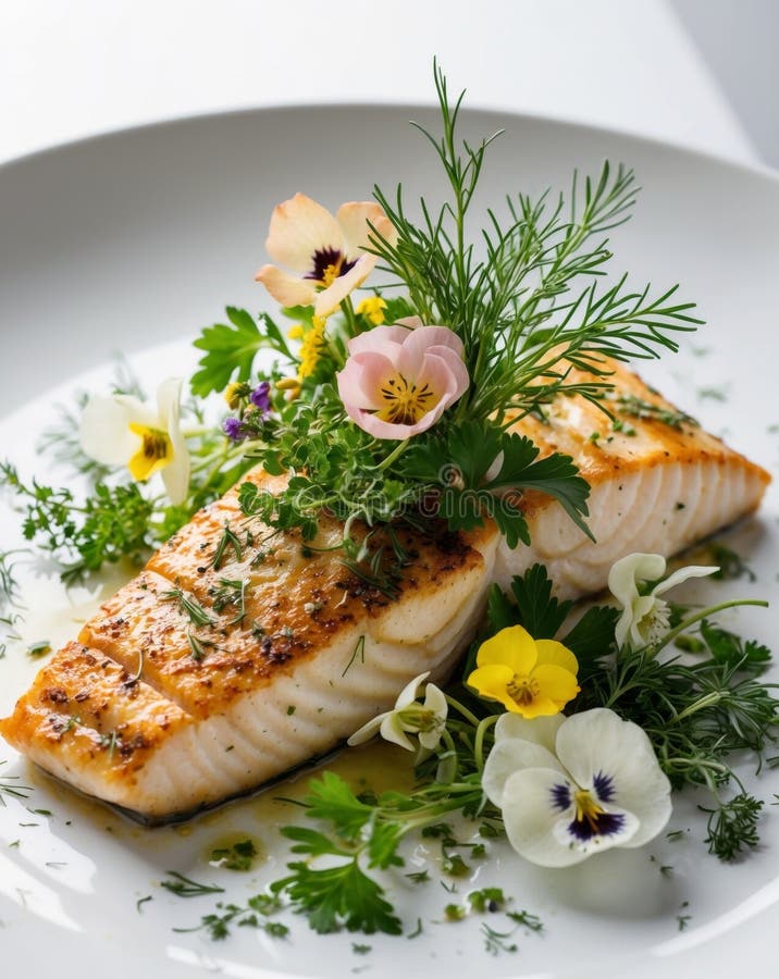 Grilled Fish with Herb Garnish and Edible Flowers. Stock Photo - Image ...