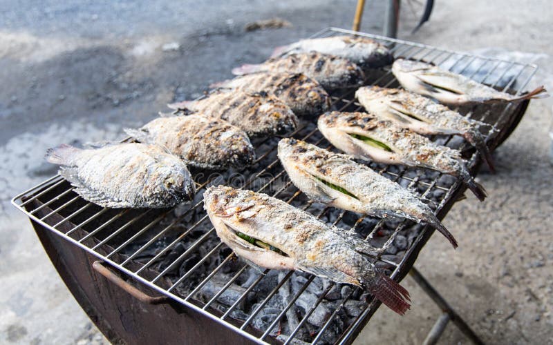 Grilled Fish with Herb and Salt on Fire Stock Photo - Image of seafood ...