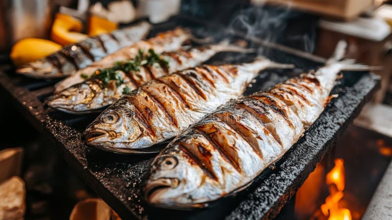 Grilled Fish on a Hot Grill with Flames Stock Illustration ...