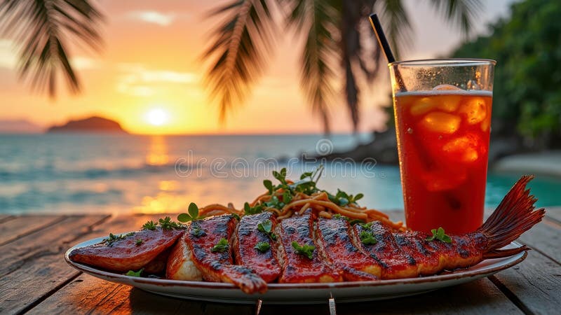 Grilled Fish and Iced Tea on Tropical Beach at Sunset Stock Photo ...