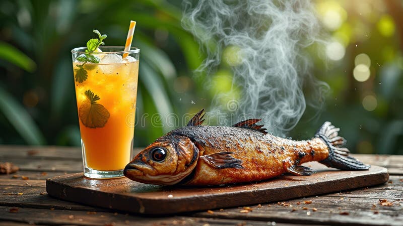 Grilled Fish with Iced Tea on Wooden Board Outdoors in Sunny Setting ...