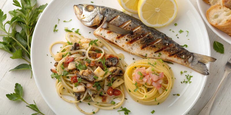 Grilled Fish with Italian Pasta and Fresh Lemon on White Stock ...