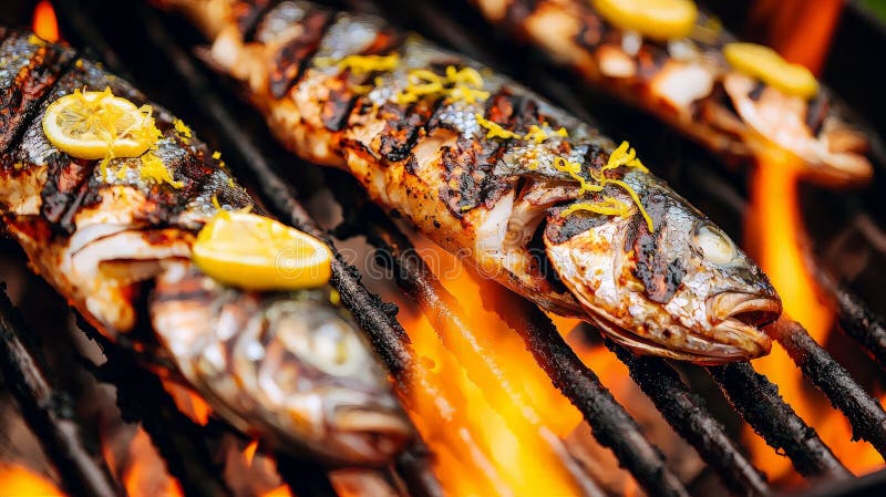 Grilled Fish with Lemon on a Barbecue Stock Photo - Image of citrus ...
