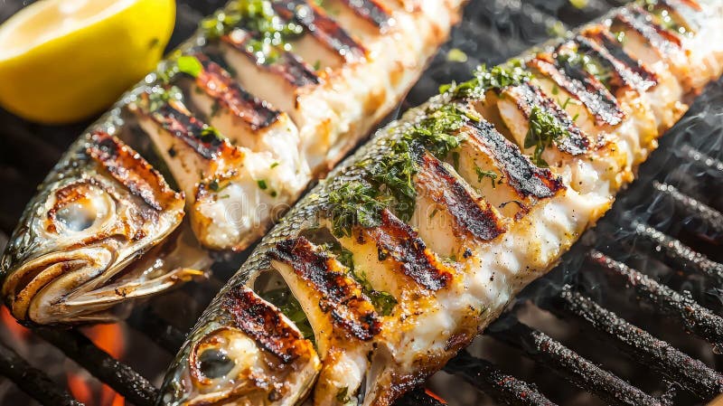 Grilled Fish with Lemon and Herbs on BBQ Stock Image - Image of lemon ...