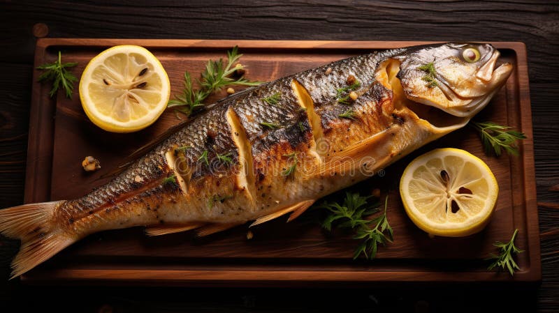 Grilled Fish with Lemon Slices - Generative AI Stock Illustration ...