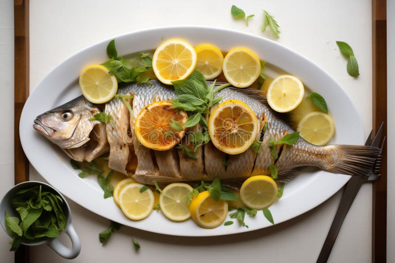 Grilled Fish with Lemon Slices on a Platter Stock Illustration ...