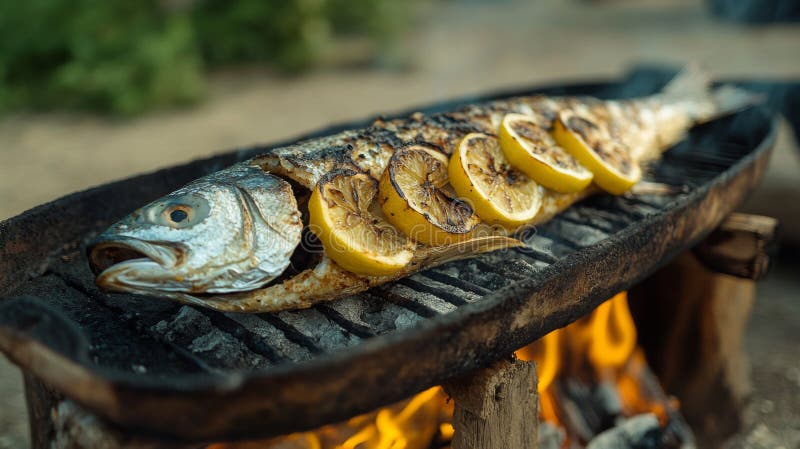 Grilled Fish with Lemon Slices on a Rustic Grill Over an Open Fire ...