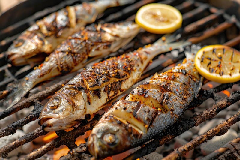 Grilled Fish with Lemon and Spices on Old Grill Stock Illustration ...