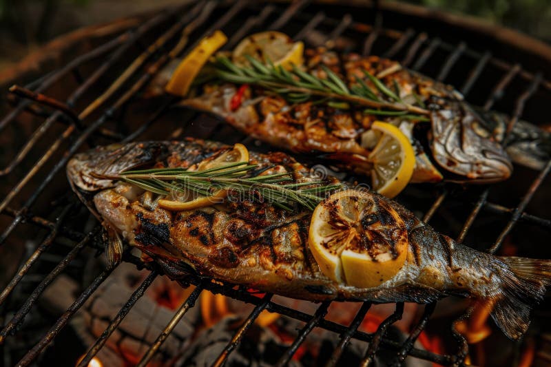 Grilled Fish with Lemon and Spices on Old Grill Stock Illustration ...