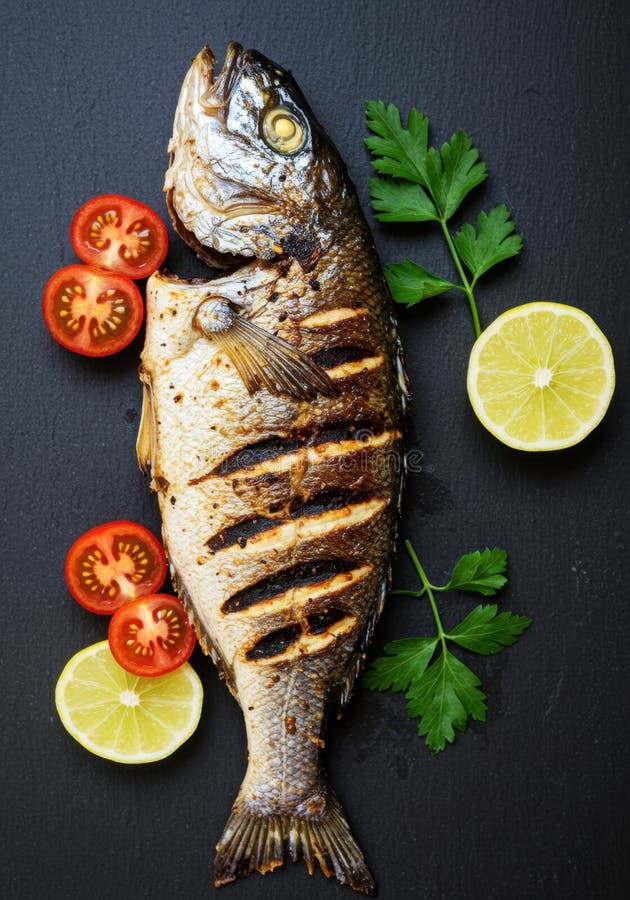 Grilled Fish with Lemon and Tomato on Dark Background Stock Photo ...