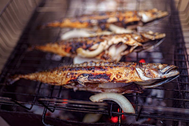 Grilled Fish with Spices on Fire Stock Photo - Image of healthy, food ...