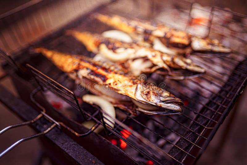 Grilled Fish with Spices on Fire Stock Image - Image of baked, cooking ...