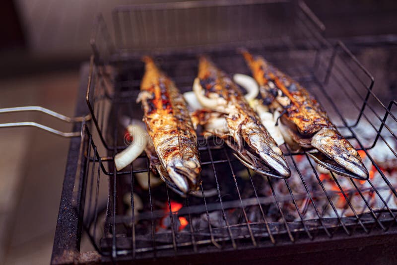 Grilled Fish with Spices on Fire Stock Image - Image of herb, flame ...