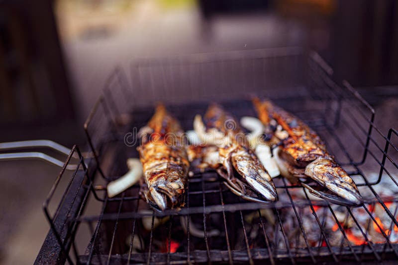 Grilled Fish with Spices on Fire Stock Photo - Image of cook, fire ...