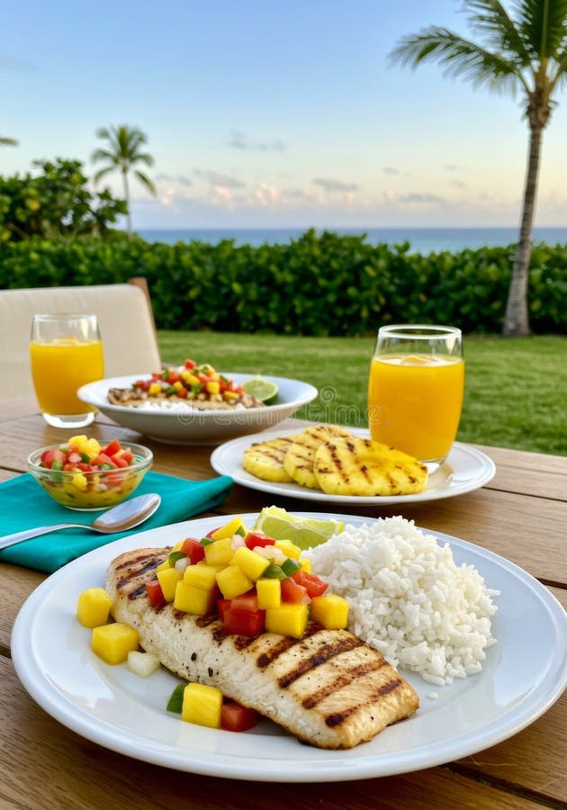 Grilled Fish with Mango Salsa and Rice Tropical Sunset Dinner Stock ...