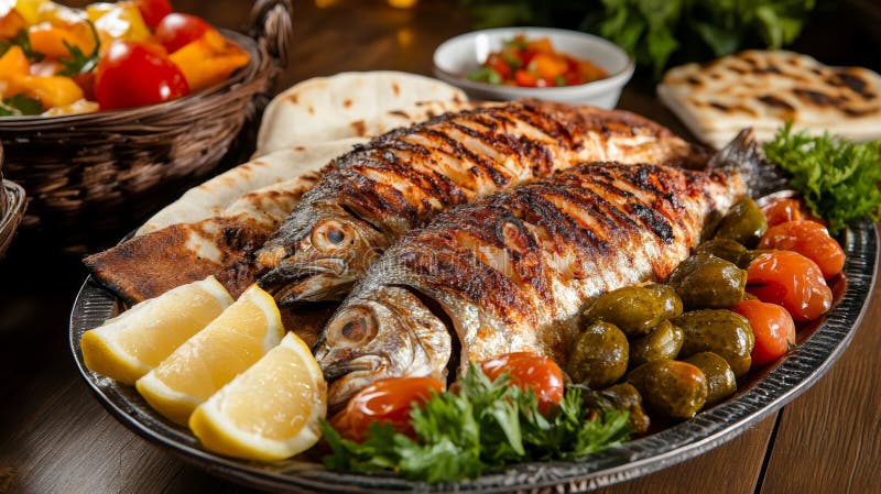 Whole Grilled Fish Served with Pickled Vegetables and Flatbread in a ...