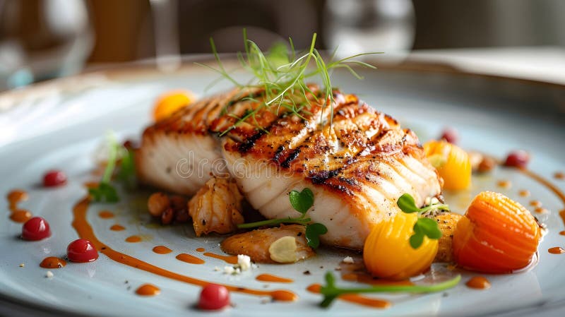 Grilled Fish with Orange Slices and Sauce on a White Plate. Generative ...